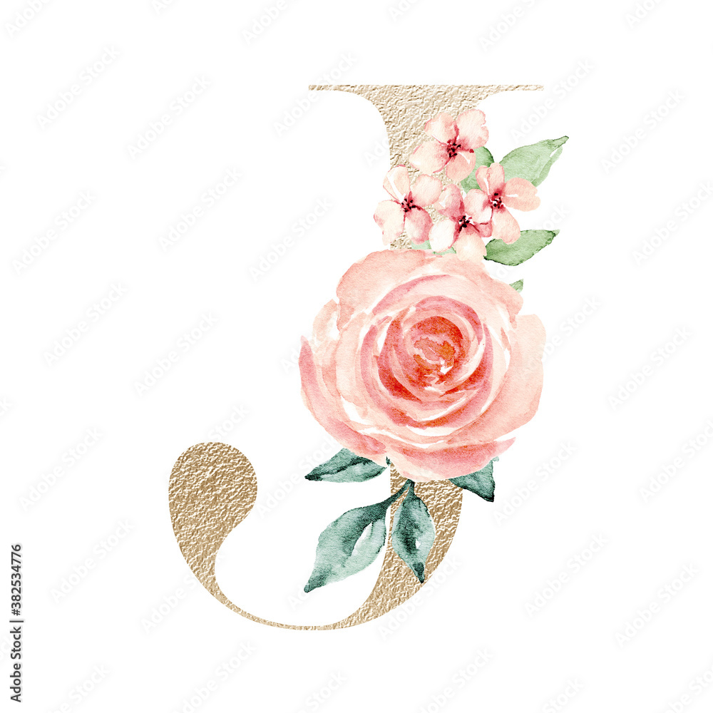 Letter j, gold letter, floral alphabet with watercolor flowers ...