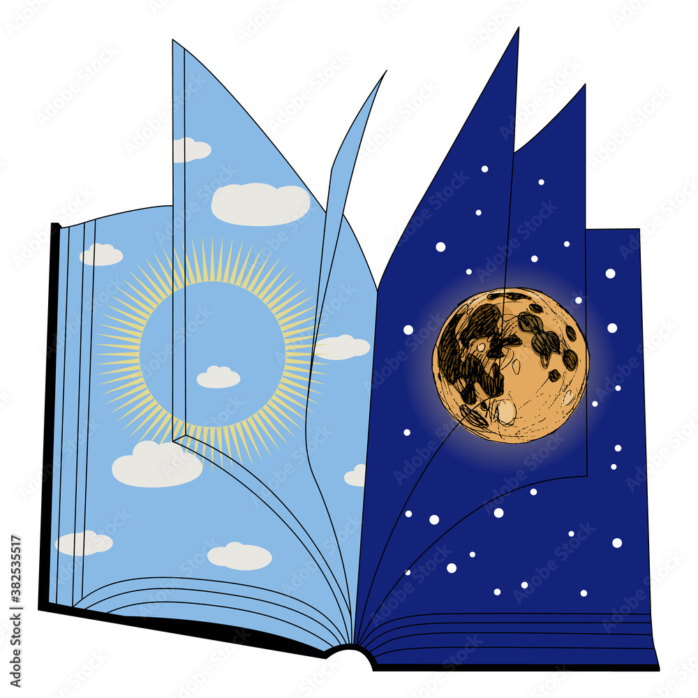 Nature as open book with day and night pages. Juxtaposition of sun and ...