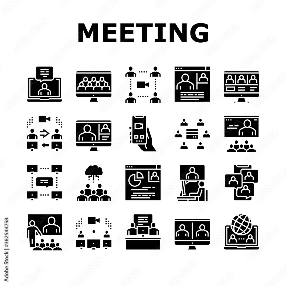 Online Video Meeting Collection Icons Set Vector. Meeting And ...