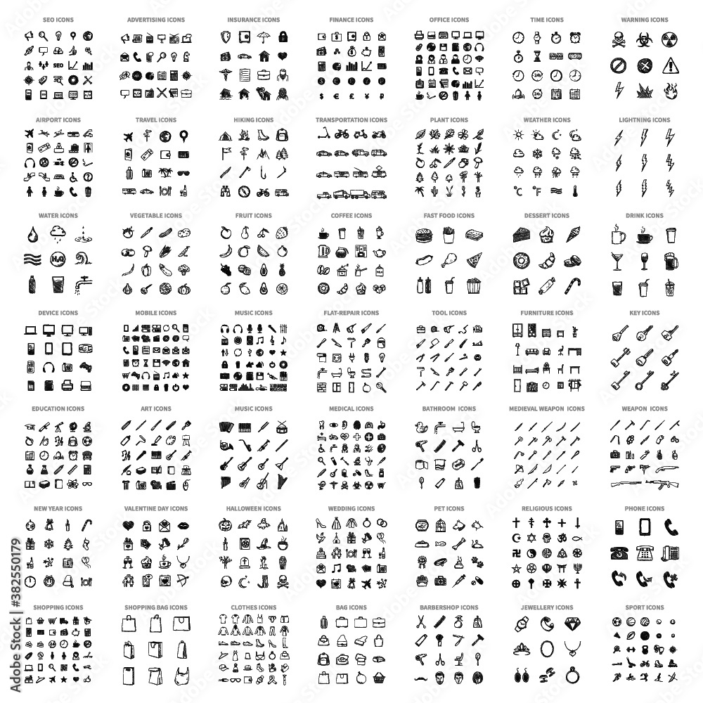 Vector Sketch Icons Big Set. Giant Collection of Hand Drawn Symbols ...