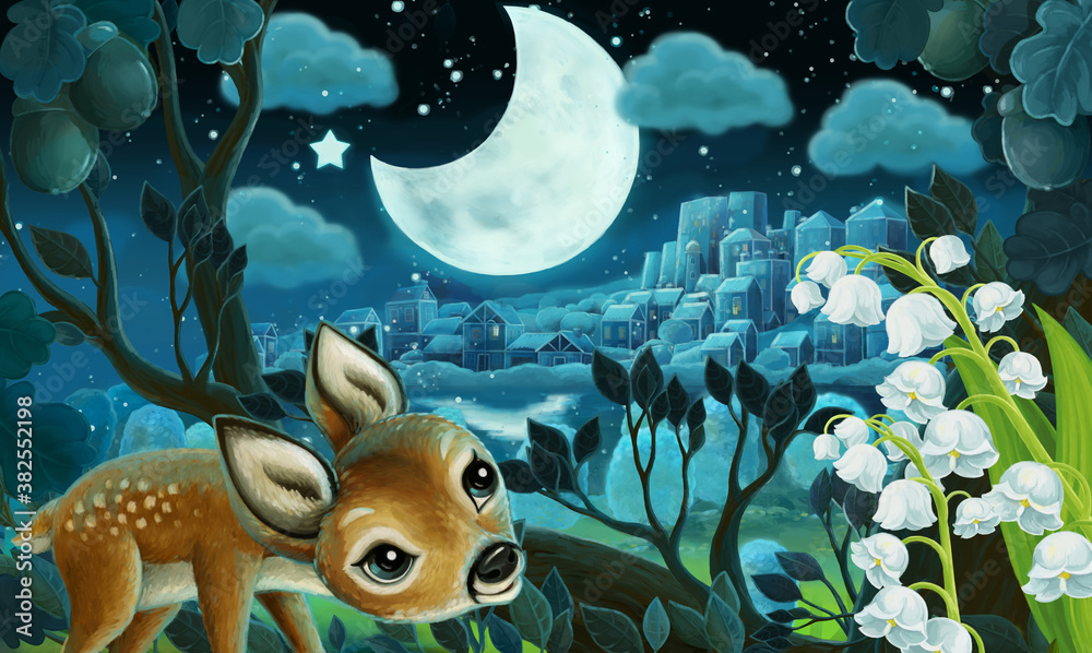 cartoon image with forest by night - illustration for kids Stock ...