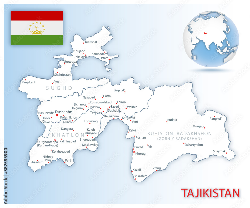 Detailed Tajikistan administrative map with country flag and location ...