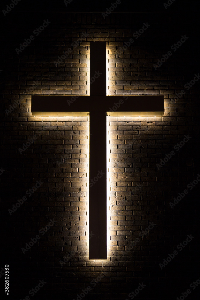 Illuminated Christian Cross In The Darkness Stock Photo | Adobe Stock