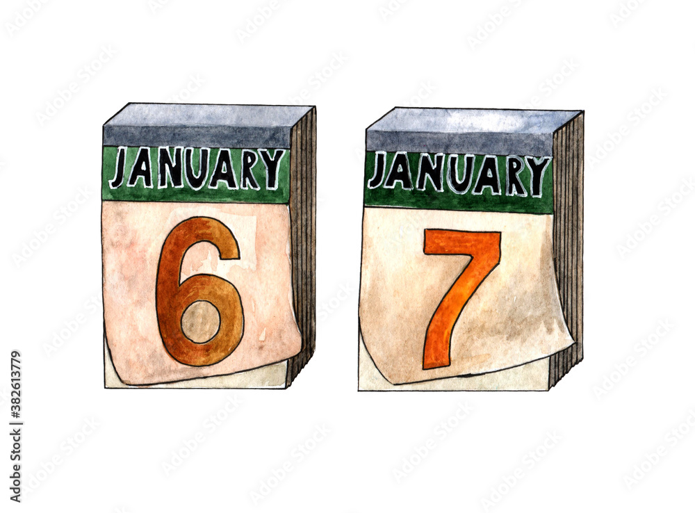 Paper tear-off calendar January 6,7. watercolor illustration. Date, day ...