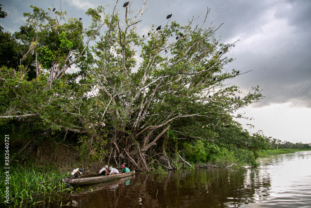 Iquitos, Peru; March 05, 2019. Fishermen in their fishing boats with ...
