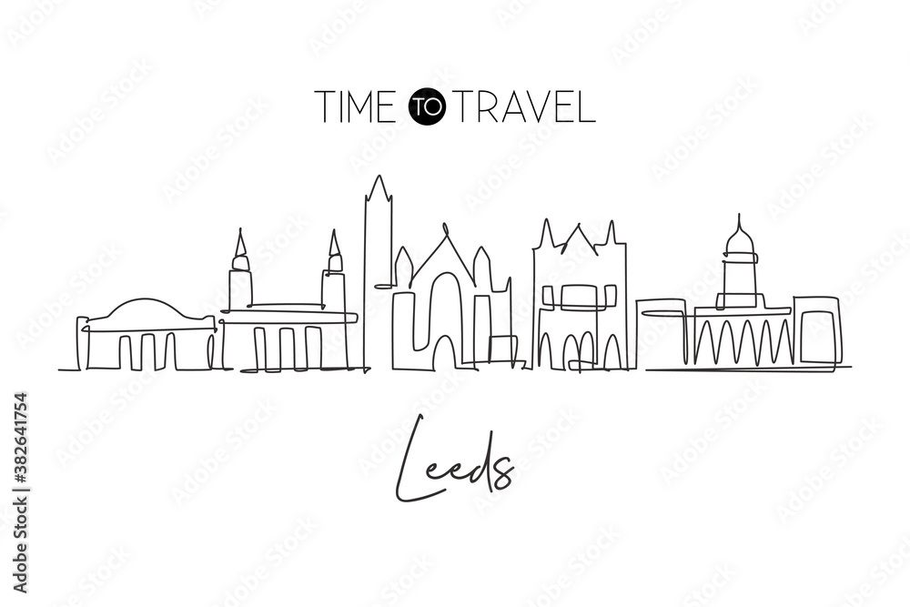One single line drawing Leeds city skyline. Historical city skyscraper ...