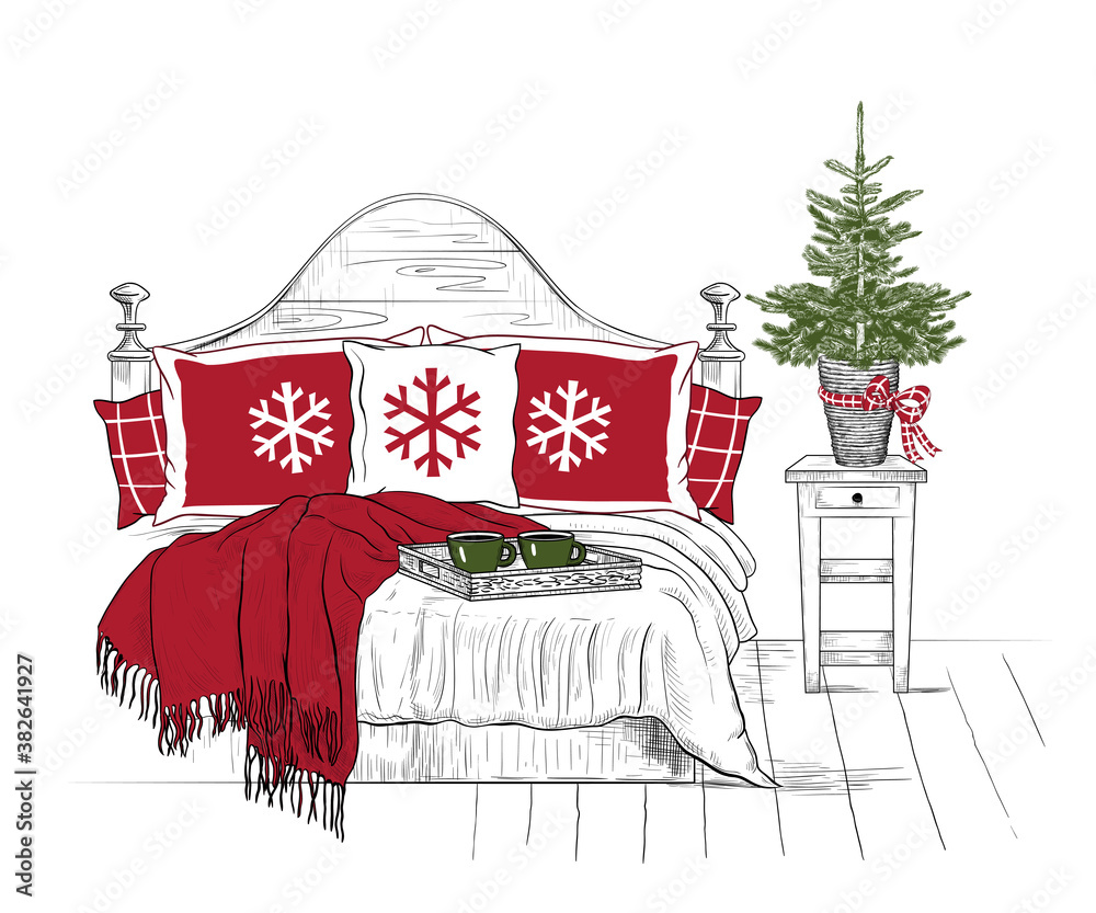 . Christmas Bedroom. Bed with pillows, blanket and a tray with cups of ...