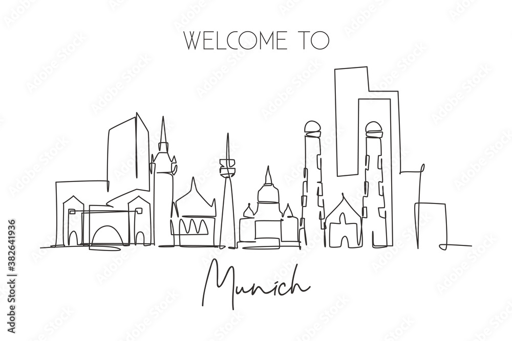 One single line drawing of Munich city skyline. Munchen city skyscraper ...