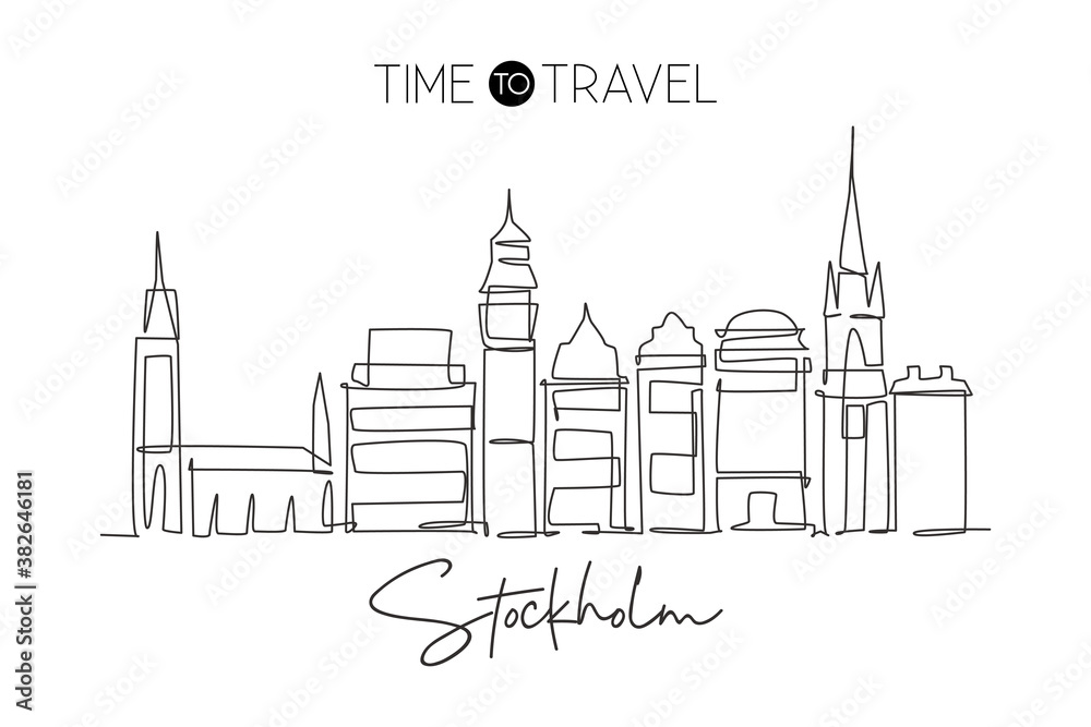 One single line drawing of Stockholm city skyline, Sweden. Historical ...