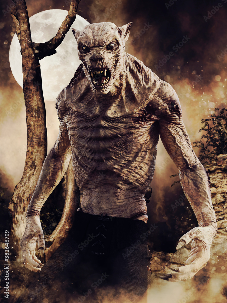 Spooky werewolf standing next to a tree in the woods on a full moon ...