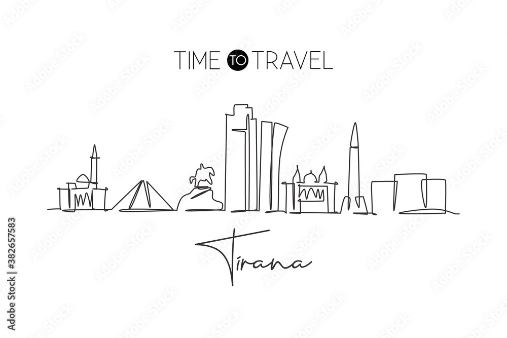 One single line drawing of city Tirana skyline, Albania. Historical ...