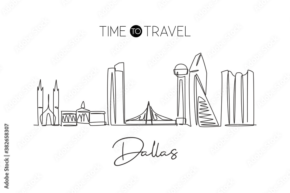 Single continuous line drawing of Dallas city skyline, USA. Famous city ...
