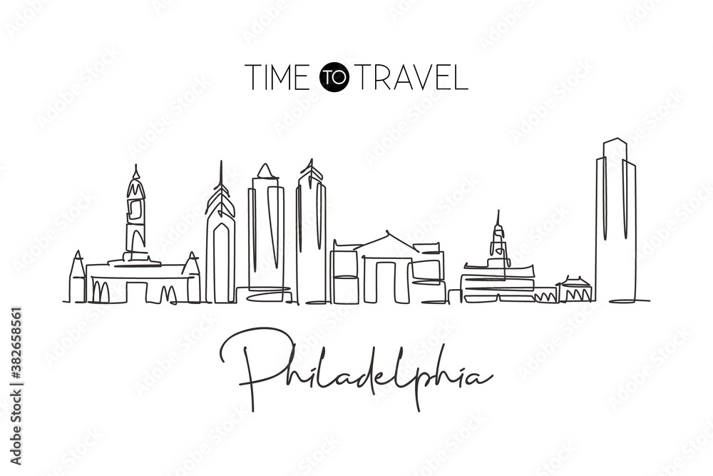 One single line drawing of Philadelphia city skyline, USA. Historical ...