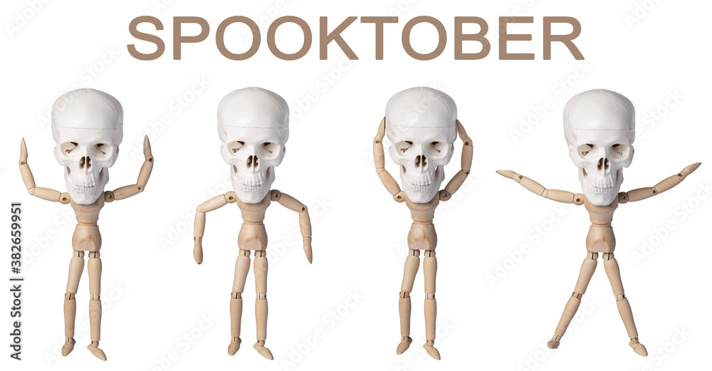 Set of wooden men with a skull instead of a head in different poses ...