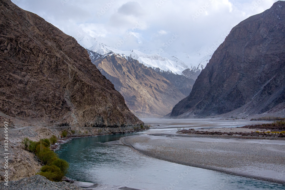 shyok river with mountains in ghanche district Stock Photo | Adobe Stock