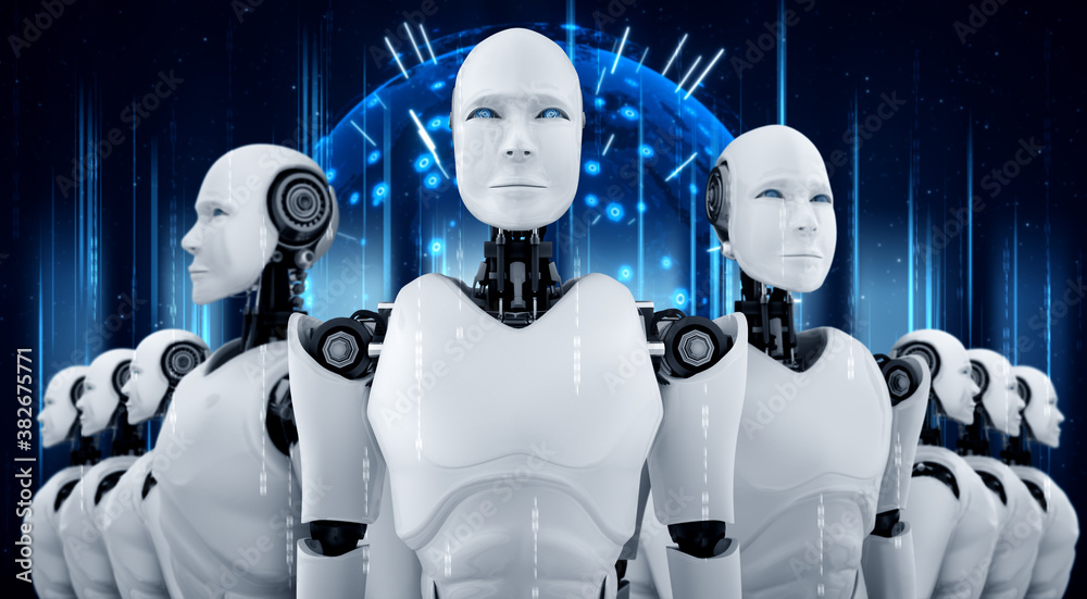 3D illustration of robot humanoid group in concept of future artificial ...