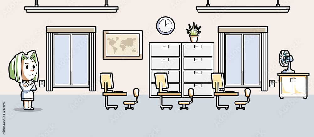Cartoon business office background setting with computer desks Stock ...