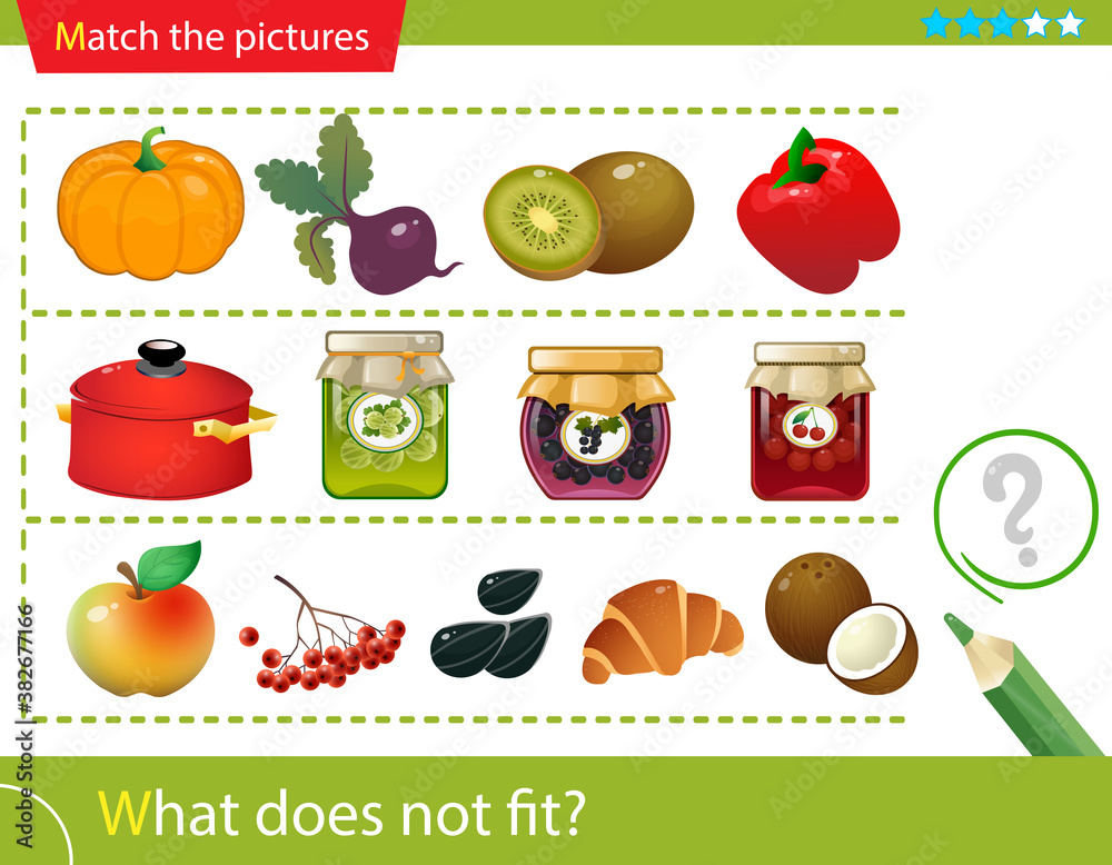 Logic puzzle for kids. What does not fit? Vegetables. Jams. Fruits and ...