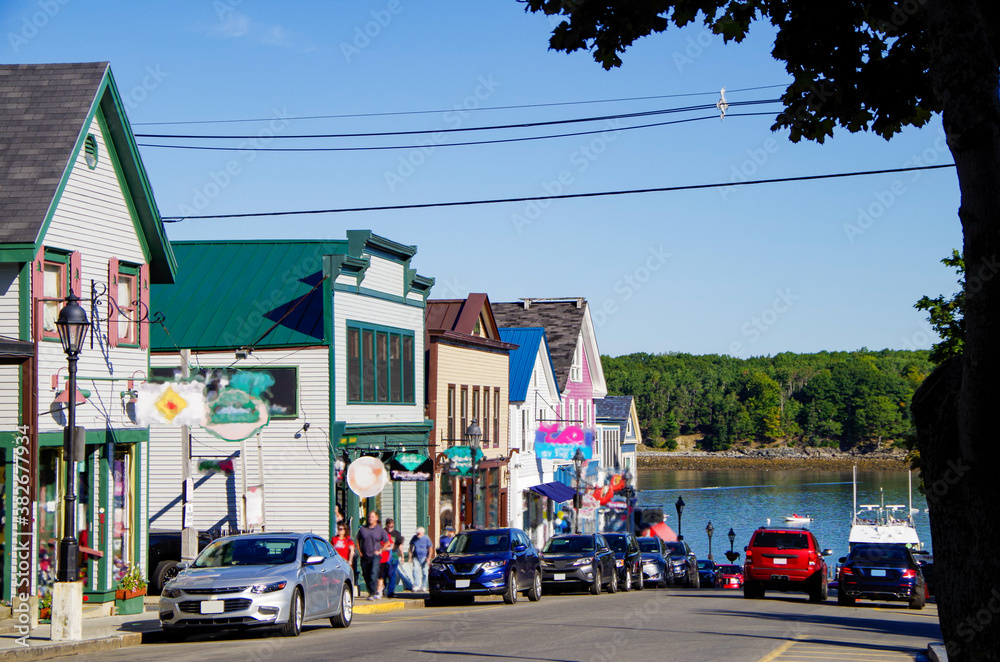 Main shopping street avenue in Bar Harbor, Maine with Souvenir shops ...