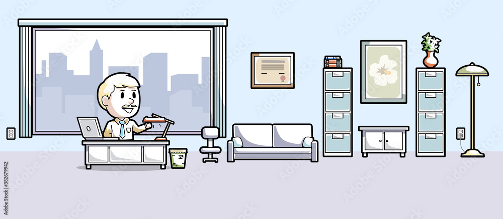 Cartoon business office background setting with big desk and cityscape ...