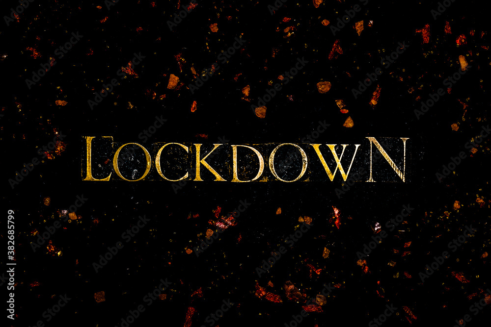 Lockdown text in neon letters on black background with red virus ...