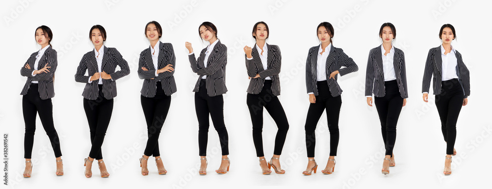 Different pose of same Asian woman full body portrait set on white ...