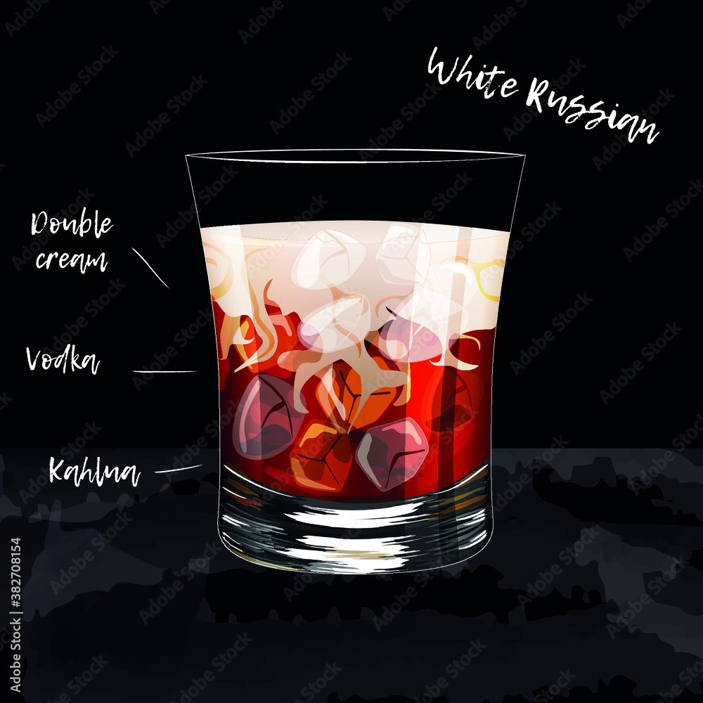 White russian cocktail with recipe, hand drawn ice cubes, double cream ...
