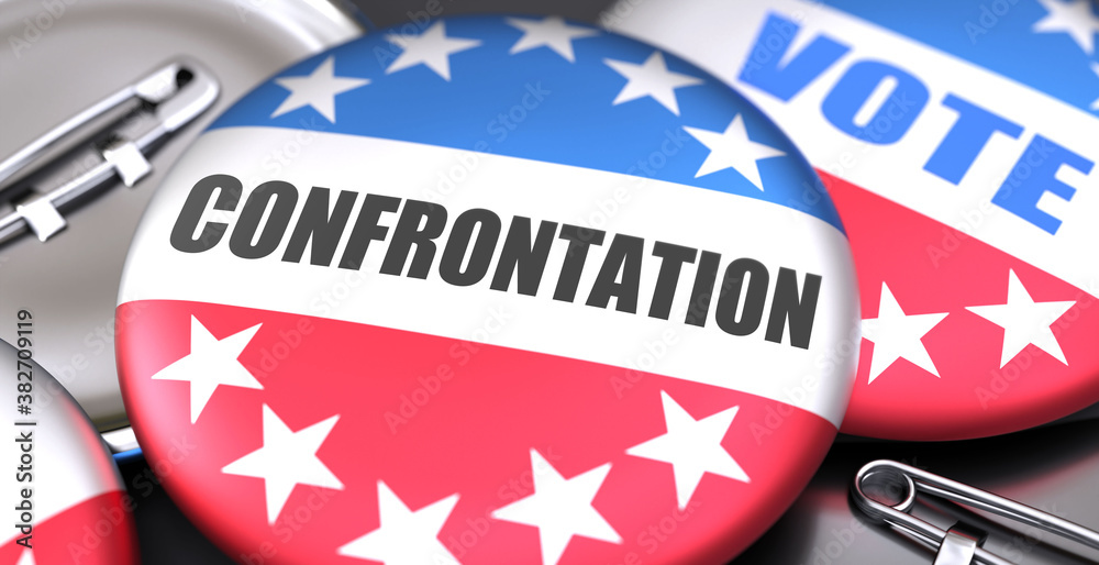 Confrontation and elections in the USA, pictured as pin-back buttons ...