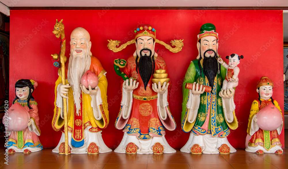 Three gods of the Chinese, Fu Lu Shou. Hock Lok Siew at temple. The ...