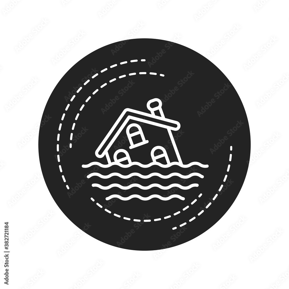 Flood black glyph icon. An overflow of water that submerges land that ...