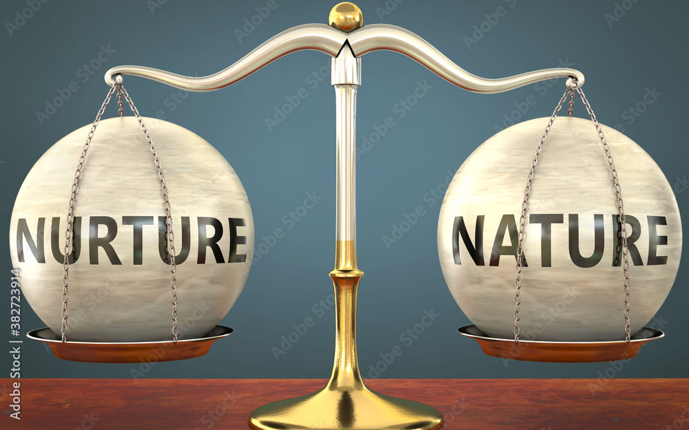 nurture and nature staying in balance - pictured as a metal scale with ...