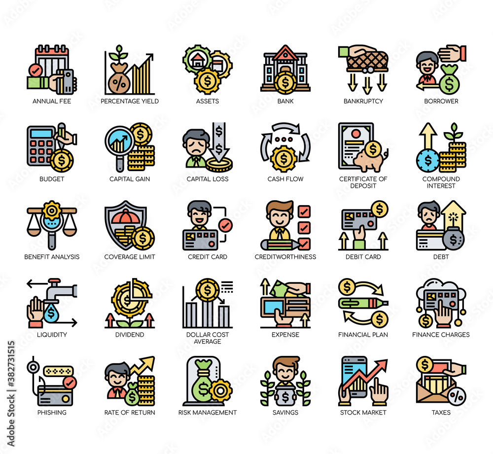 Set of financial literacy thin line and pixel perfect icons for any web ...