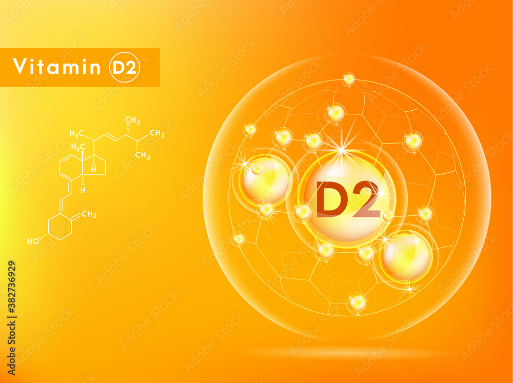 Vitamin D2 and structure. Medicine capsule, Golden substance. 3D ...