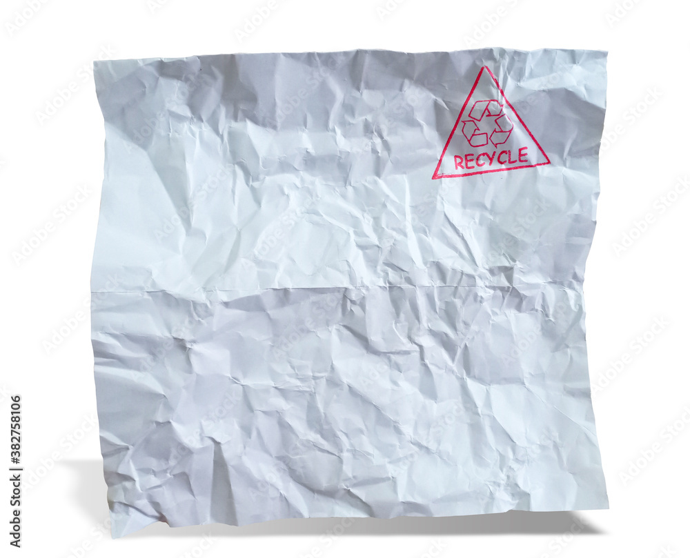 Red recycle symbol stamp on a white wrinkled waste paper isolated on ...