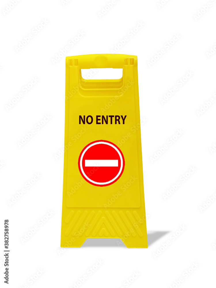 "NO ENTRY" sign in black text with red circle icon on the yellow object ...