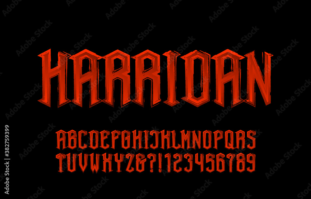 Harridan alphabet font. Messy old time letters and numbers. Stock ...