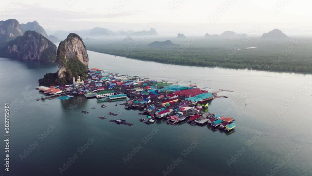 4K UHD Aerial view over Ko Panyi floating village in souther of ...