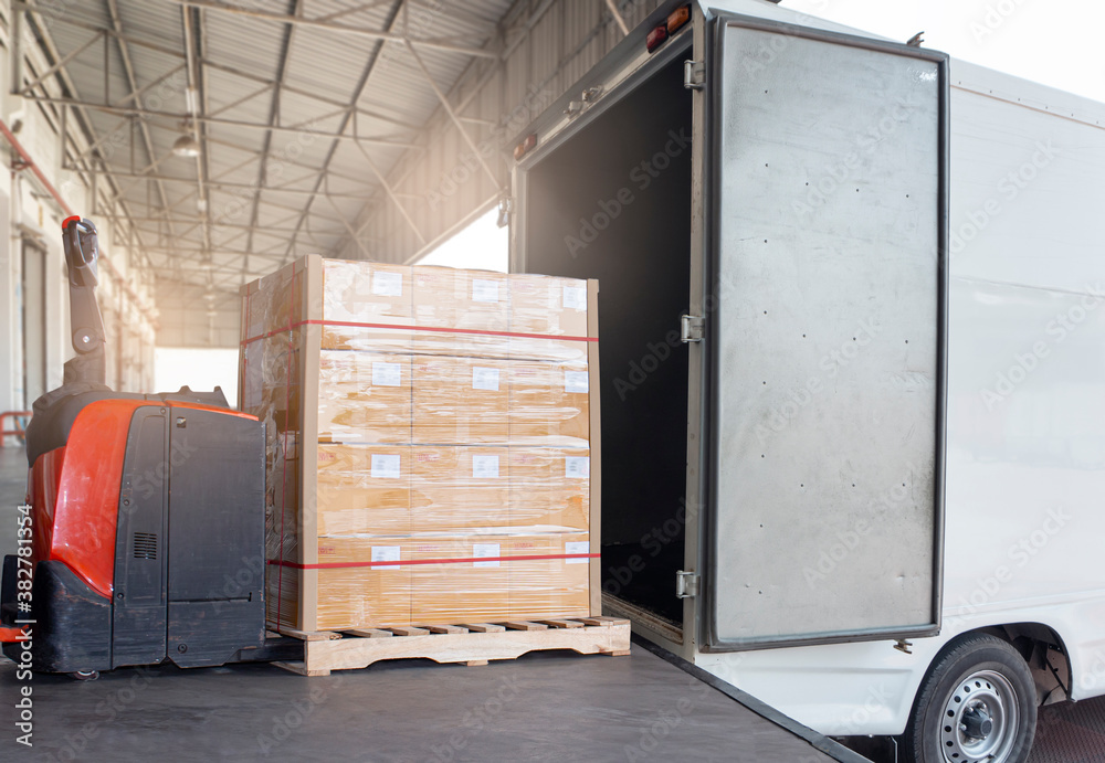 Cargo pallet shipment, Freight truck, Delivery service. Electric ...