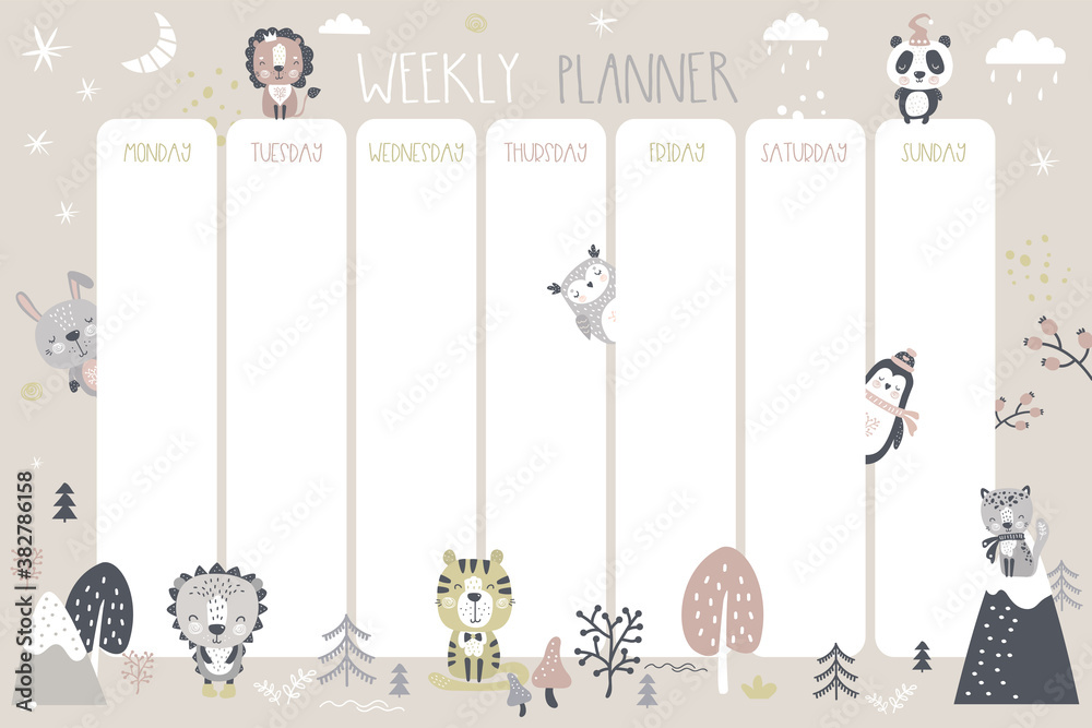 Weekly planner with cute doodle animals in scandinavian style. Adorable ...
