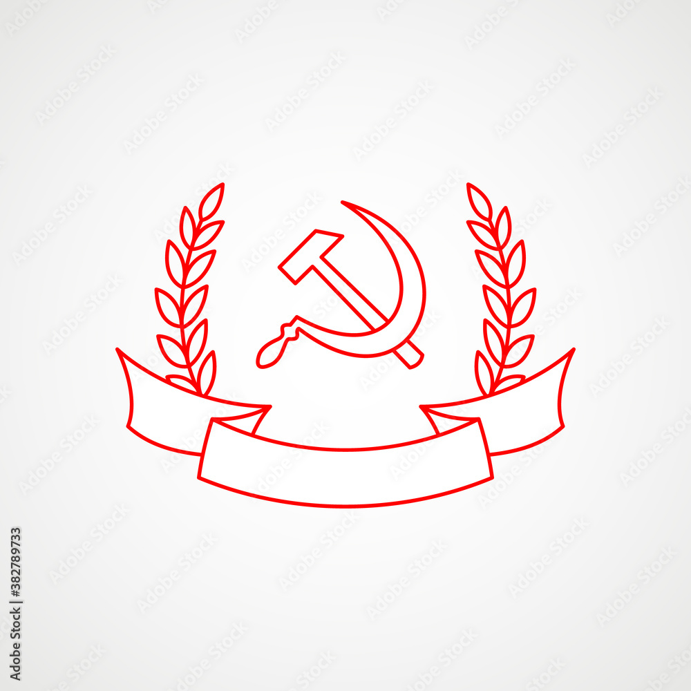 Linear icon of communism. Hammer, sickle and wreath with band. Red ...