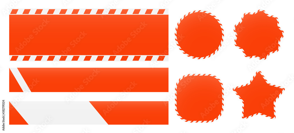 Barrier tapes and banners. Barricade lines and price tags. Industrial ...