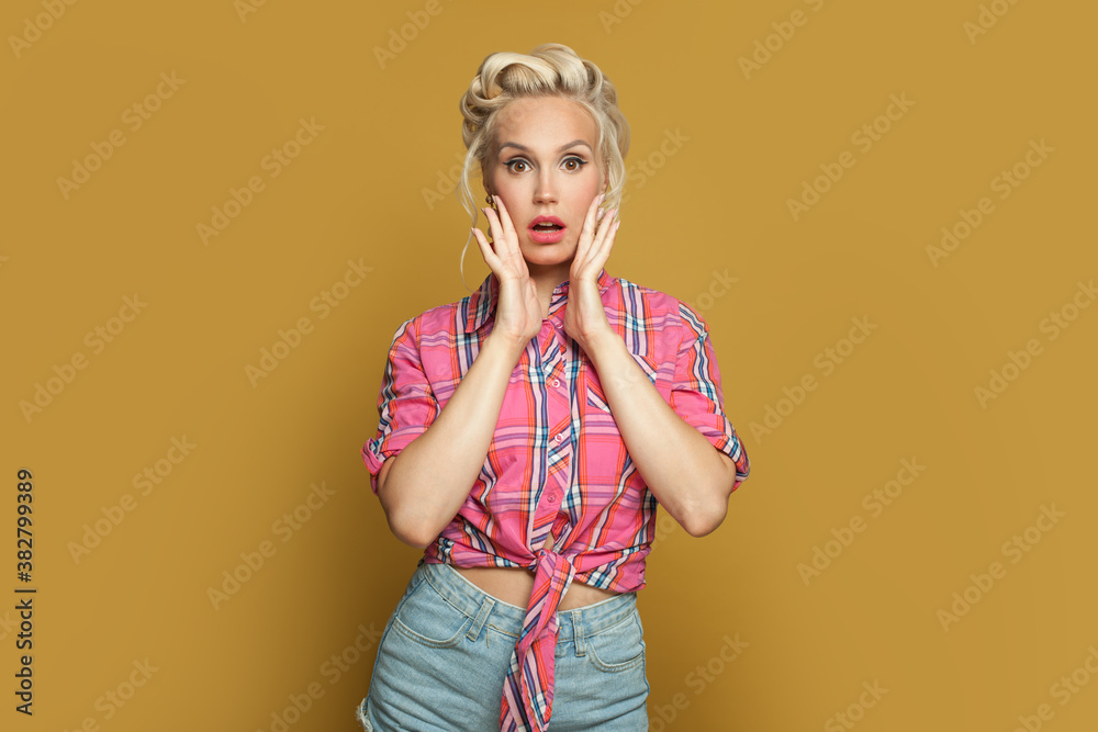 Surprised Shocked Pinup Woman Retro Model On Yellow Banner Background