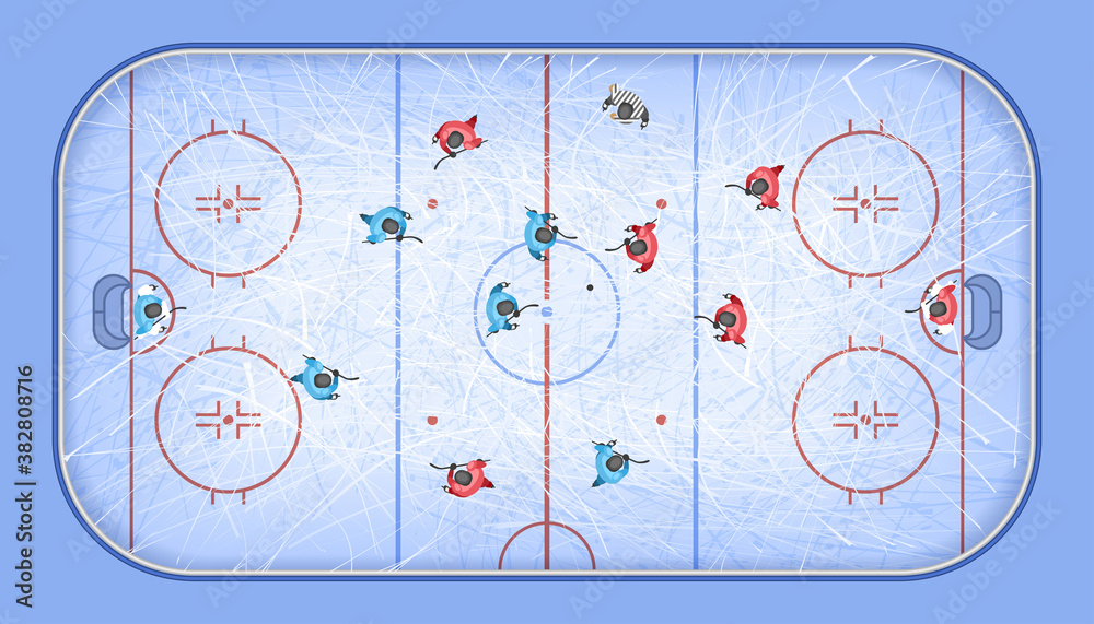 Hockey rink with hockey players. Top view. Textures blue ice. Ice rink ...