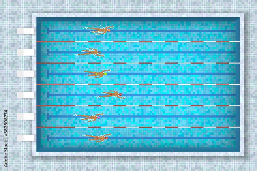 Pool with blue water and swimming people. Top view. Olympic swimming ...