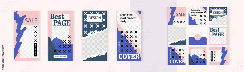 Modern design in pink and blue. Small black and white crosses. Set of ...