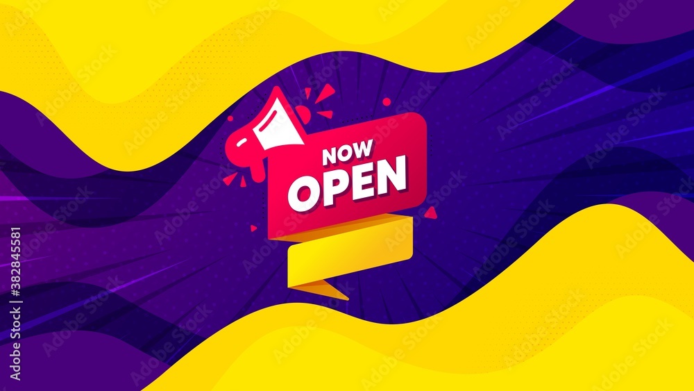 Now open banner. Fluid liquid background with offer message ...