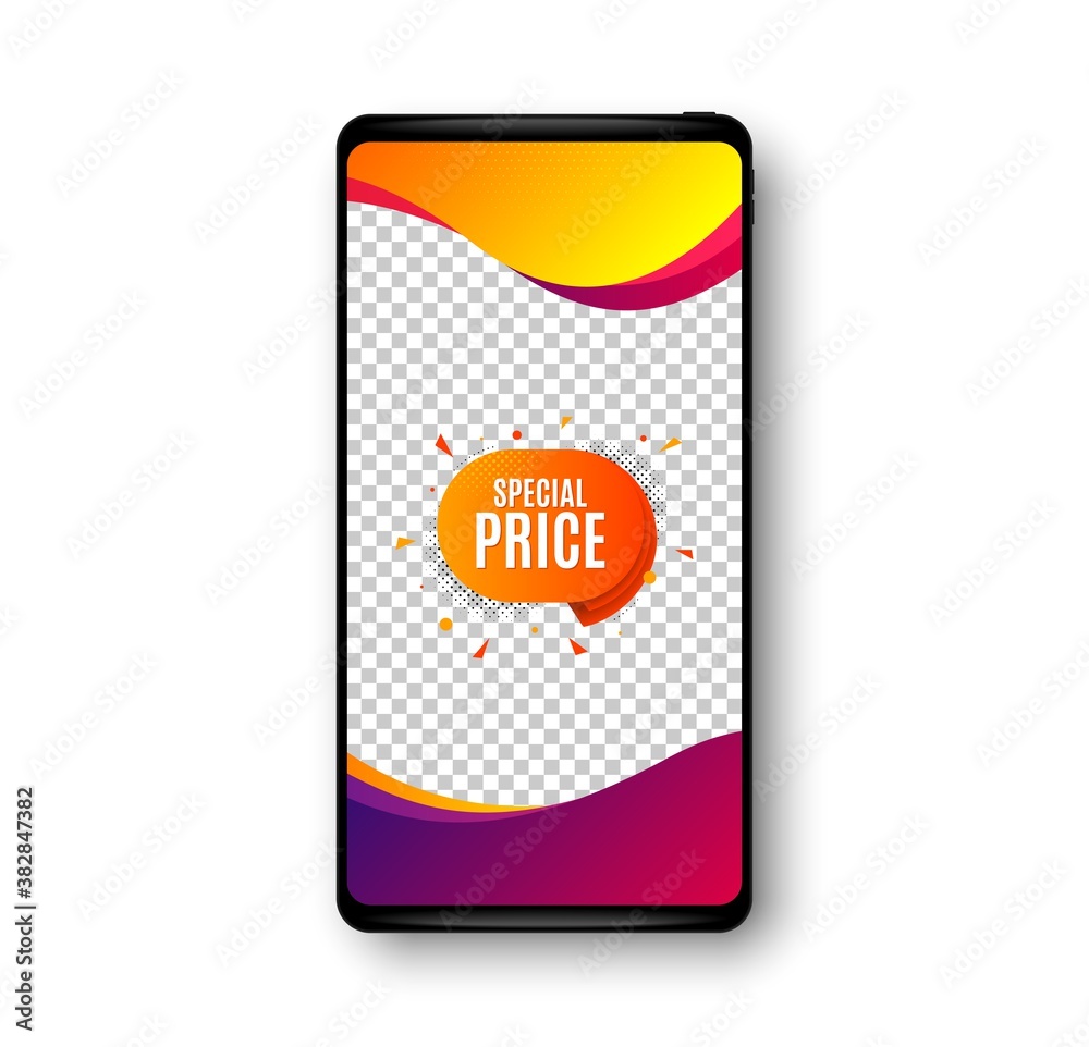 Special price sticker. Phone mockup vector banner. Discount banner ...