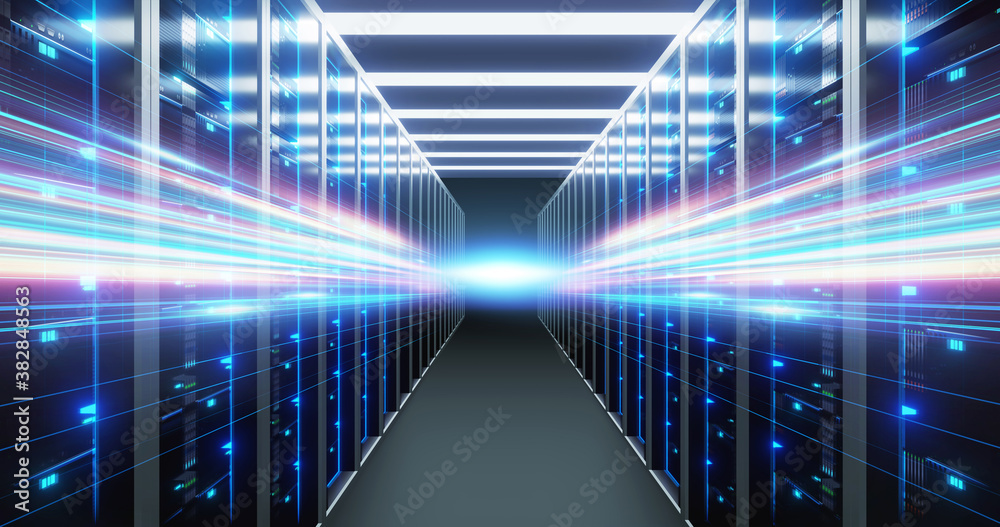 Corridor of server room with server racks in datacenter. 3d ...