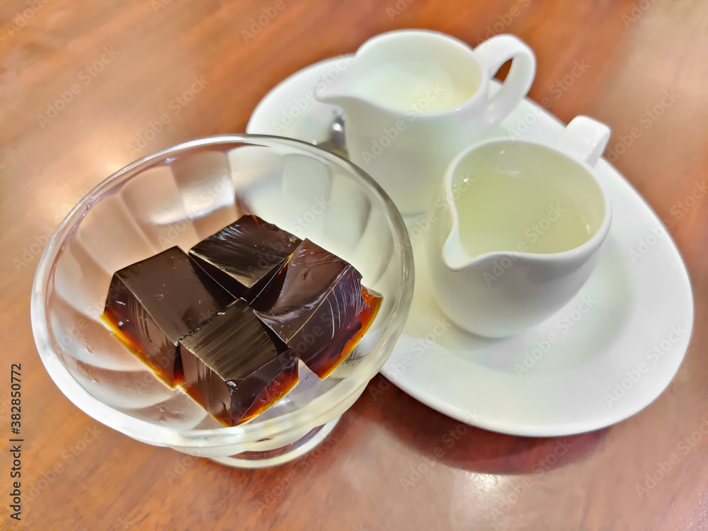 Coffee jelly, jelly dessert flavored made from black coffee and gelatin ...