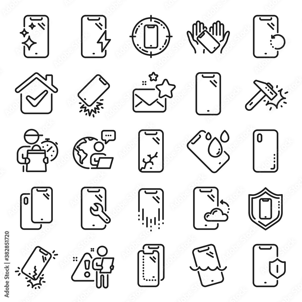 Smartphone protection line icons. Tempered glass, screen protector and ...